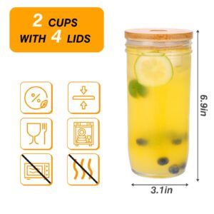 Moretoes 2pcs 24oz Glass Cups with Lids and Straws, Mason Jar Glass Cups, Glass Iced Coffee Cups Set for Jumbo Smoothie, Bubble Tea, Cold Brew, Soda,