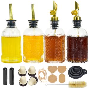 coffee syrup dispenser bottles set 4 pcs, 7oz/200ml coffee bar accessories with metal pour spout, simple syrup bottles for coffee syrups, honey, condiments, olive oil, with label, funnel, cork, brush