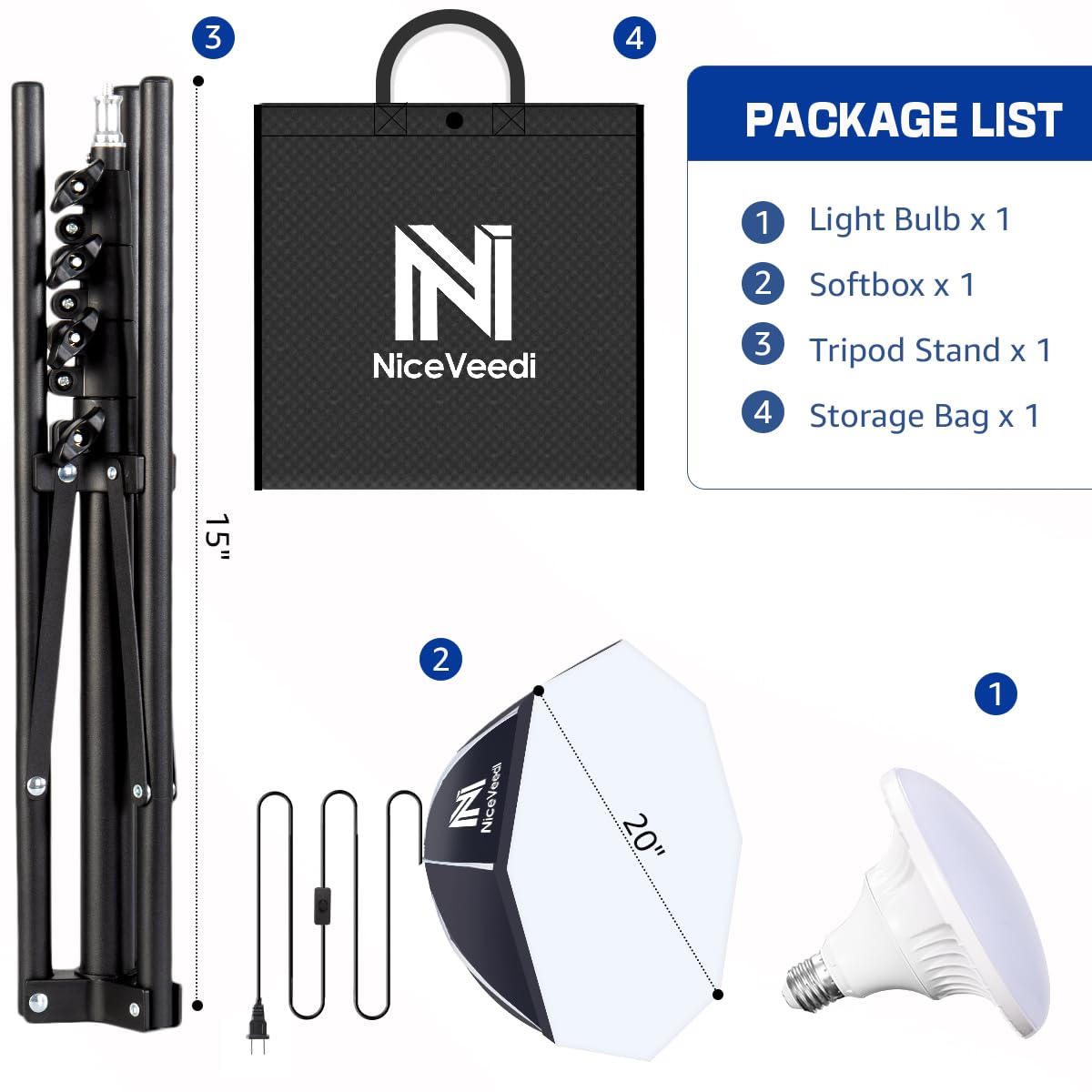 Softbox Photography Lighting Kit, NiceVeedi 20" Softbox Lighting Kit with 5400K 650W Equivalen LED Bulbs & 63" Tripod Stand, Studio Light Kit for Photography Portraits Advertise Shooting, Video Record