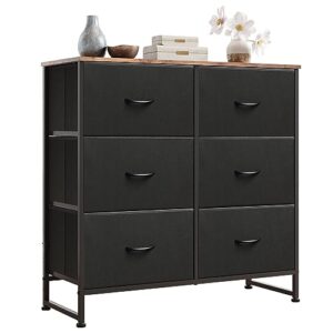 wlive fabric dresser for bedroom, 6 drawer double dresser, storage tower with fabric bins, chest of drawers for closet, living room, hallway, black and rustic brown