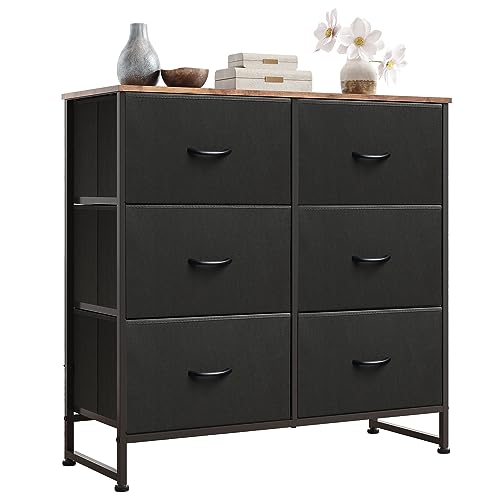 WLIVE Fabric Dresser for Bedroom, 6 Drawer Double Dresser, Storage Tower with Fabric Bins, Chest of Drawers for Closet, Living Room, Hallway, Black and Rustic Brown