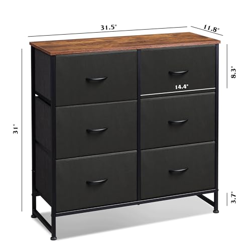 WLIVE Fabric Dresser for Bedroom, 6 Drawer Double Dresser, Storage Tower with Fabric Bins, Chest of Drawers for Closet, Living Room, Hallway, Black and Rustic Brown