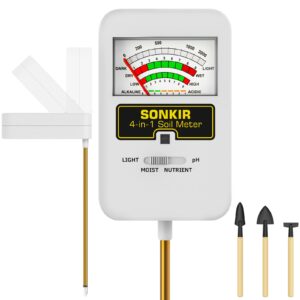 sonkir soil moisture meter, 4-in-1 soil ph meter, soil tester for nutrients, moisture, ph and light, soil ph test kits for plant, great for garden, lawn, indoor & outdoor use (no battery required)