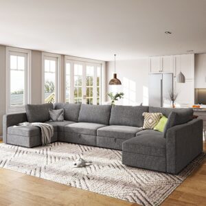 HONBAY Oversized Modular Sectional Sofa Reversible U Shaped Sectional Couch with Wide Chaise Modular Sofa with Storage Seat, Light Grey