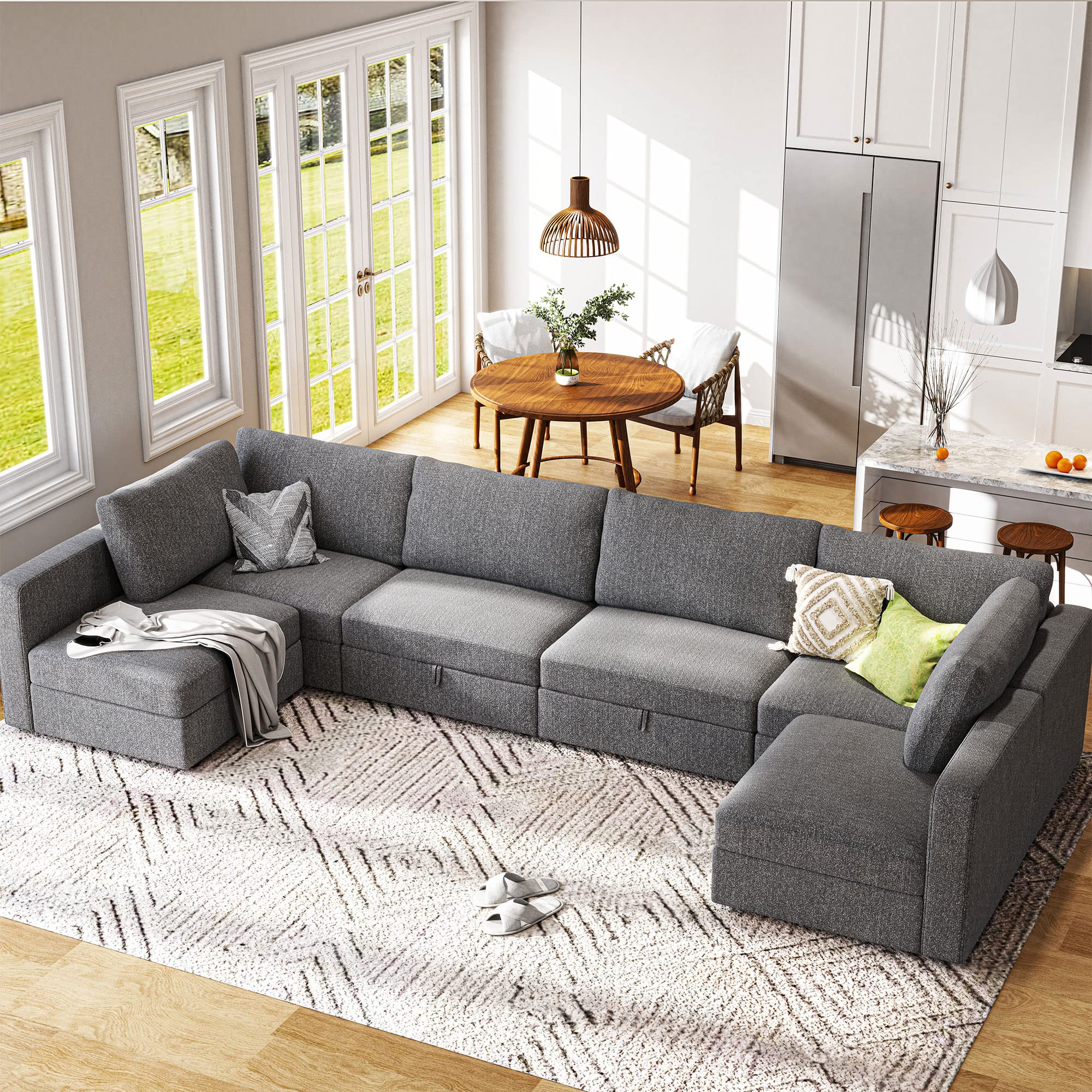 HONBAY Oversized Modular Sectional Sofa Reversible U Shaped Sectional Couch with Wide Chaise Modular Sofa with Storage Seat, Light Grey