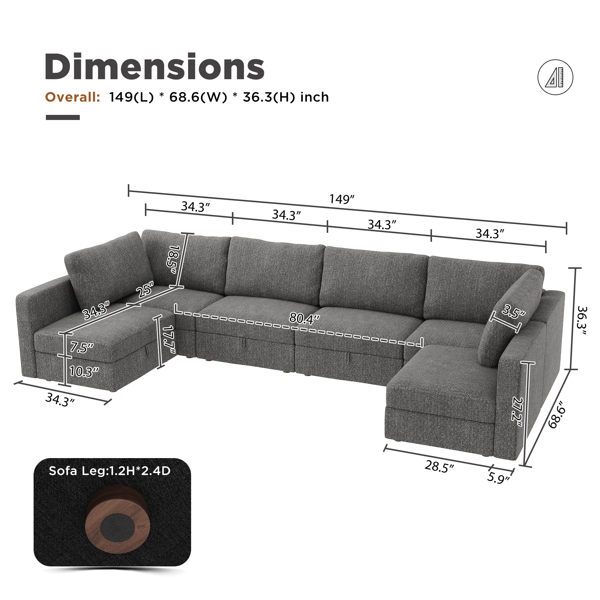 HONBAY Oversized Modular Sectional Sofa Reversible U Shaped Sectional Couch with Wide Chaise Modular Sofa with Storage Seat, Light Grey