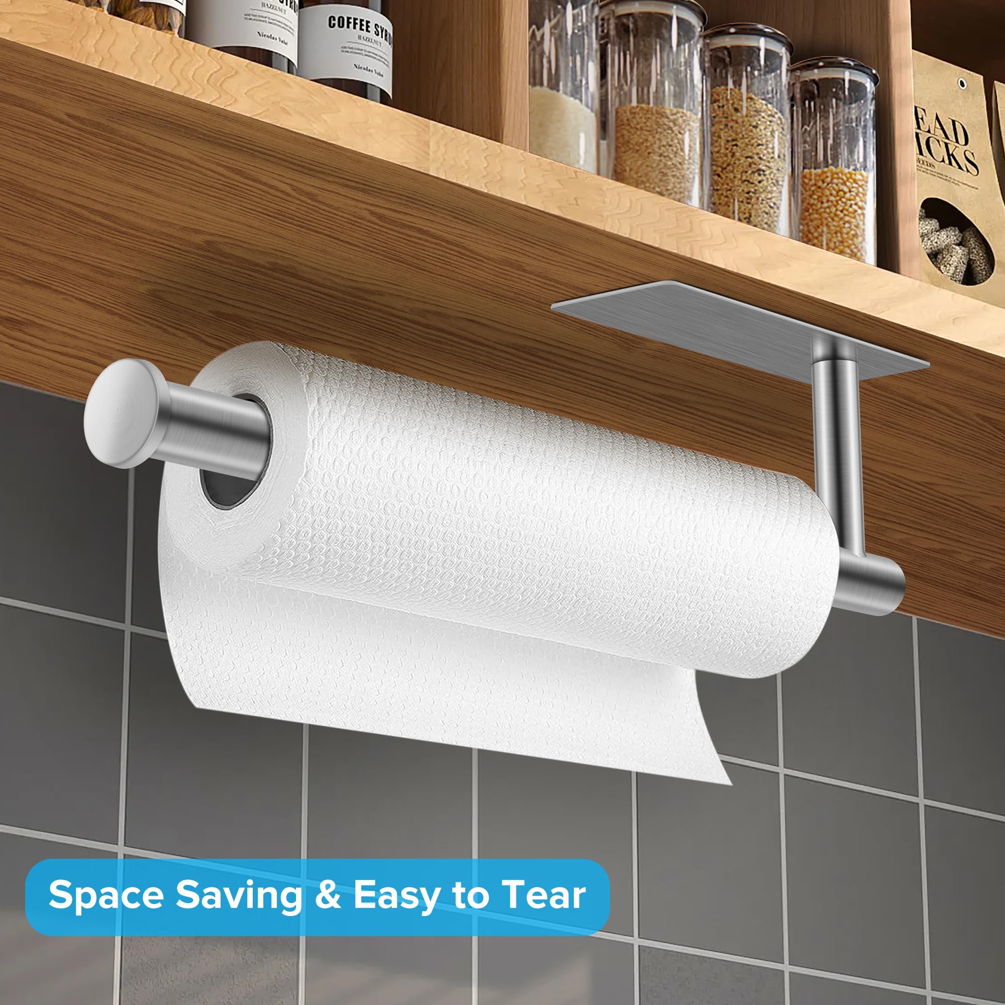 𝟐𝐧𝐝 𝐆𝐞𝐧 [More Studry] Paper Towel Holder Under Cabinet Wall Mounted, UREZORGEAR Self Adhesive or Drilling Paper Towel Holder for Kitchen RV, SUS304 Stainless Steel Paper Towel Roll Rack (Silver)