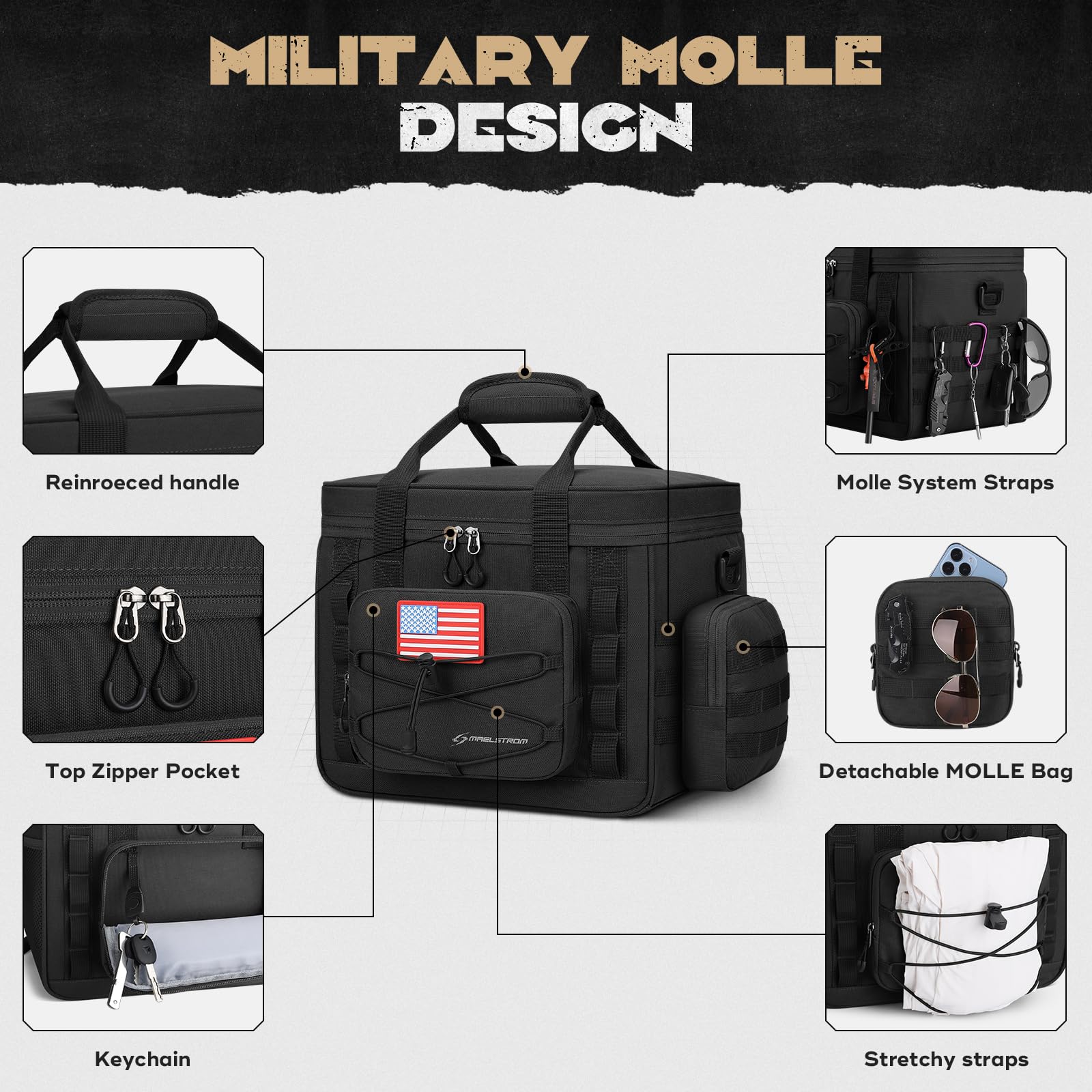 Maelstrom Tactical Lunch Box, Insulated Lunch Bag for Men, Large Leakproof Soft Cooler Bag with Detachable MOLLE Bags, Durable Lunch Tote for Adult Women Work,Picnic,20 Cans/15 L, Black