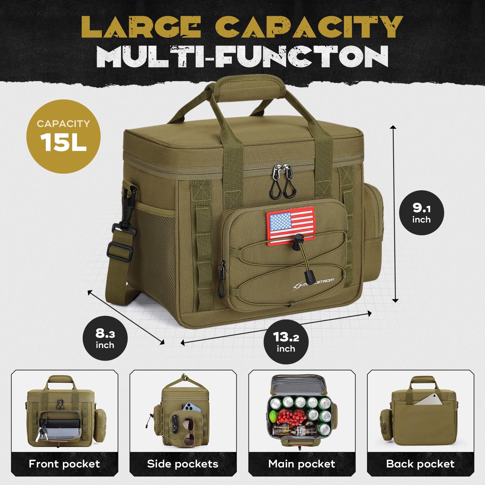 Maelstrom Tactical Lunch Box, Insulated Lunch Bag for Men, Large Durable Leakproof Cooler Bag with Detachable MOLLE Bags, Modern Lunch Tote for Adult Women Work,Picnic,20 Cans/15 L, Khaki