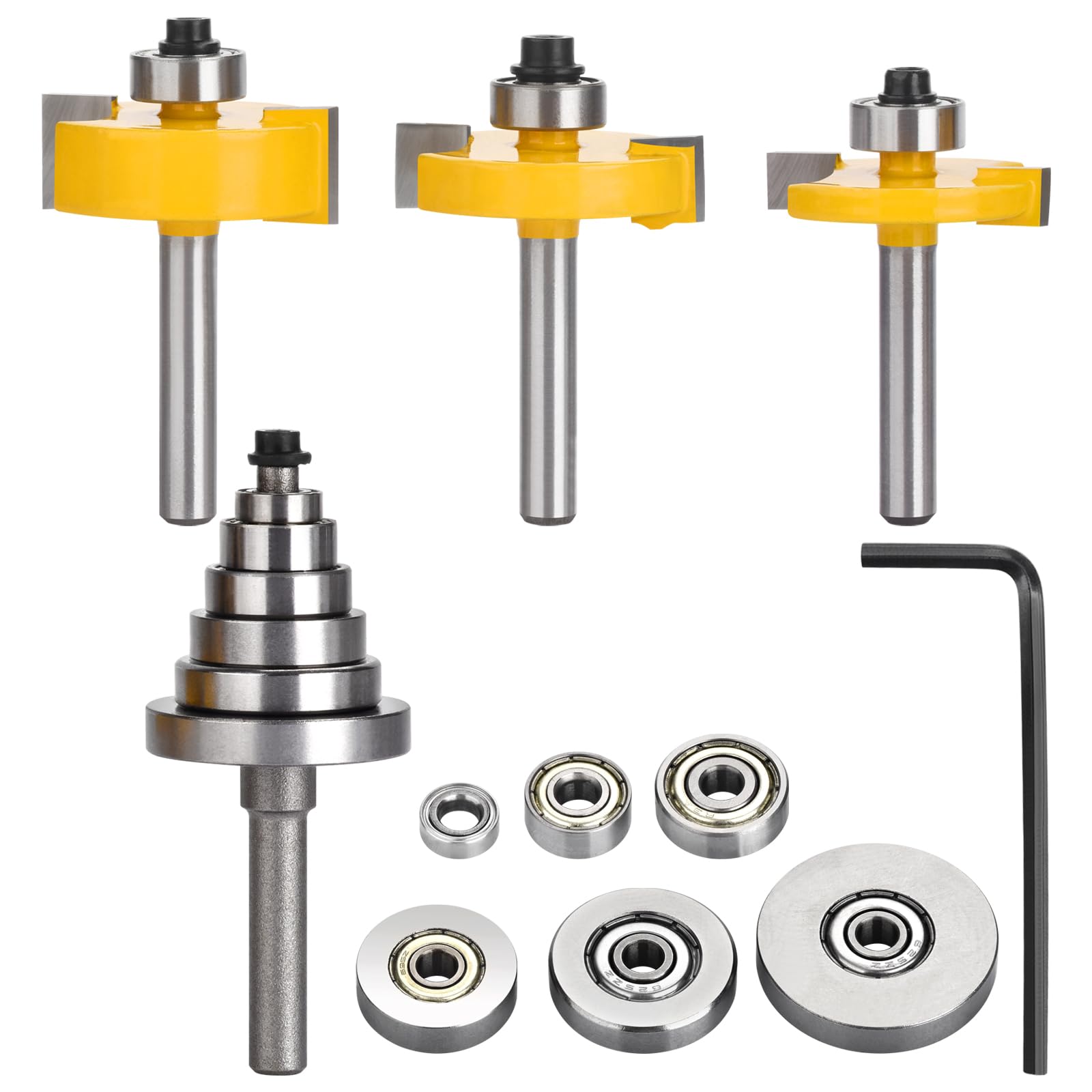 Rabbet Router Bit - Router Bit Set with 6 Bearings Set ( 1/2", 7/16", 3/8", 5/16", 1/4", 1/8" Bearings) Carbide Tipped Rabbeting Router Bits 1/4 Shank