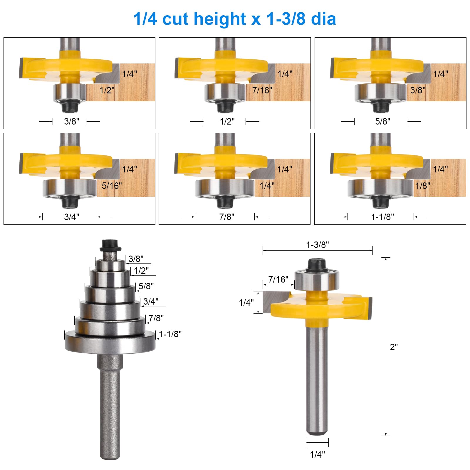 Rabbet Router Bit - Router Bit Set with 6 Bearings Set ( 1/2", 7/16", 3/8", 5/16", 1/4", 1/8" Bearings) Carbide Tipped Rabbeting Router Bits 1/4 Shank