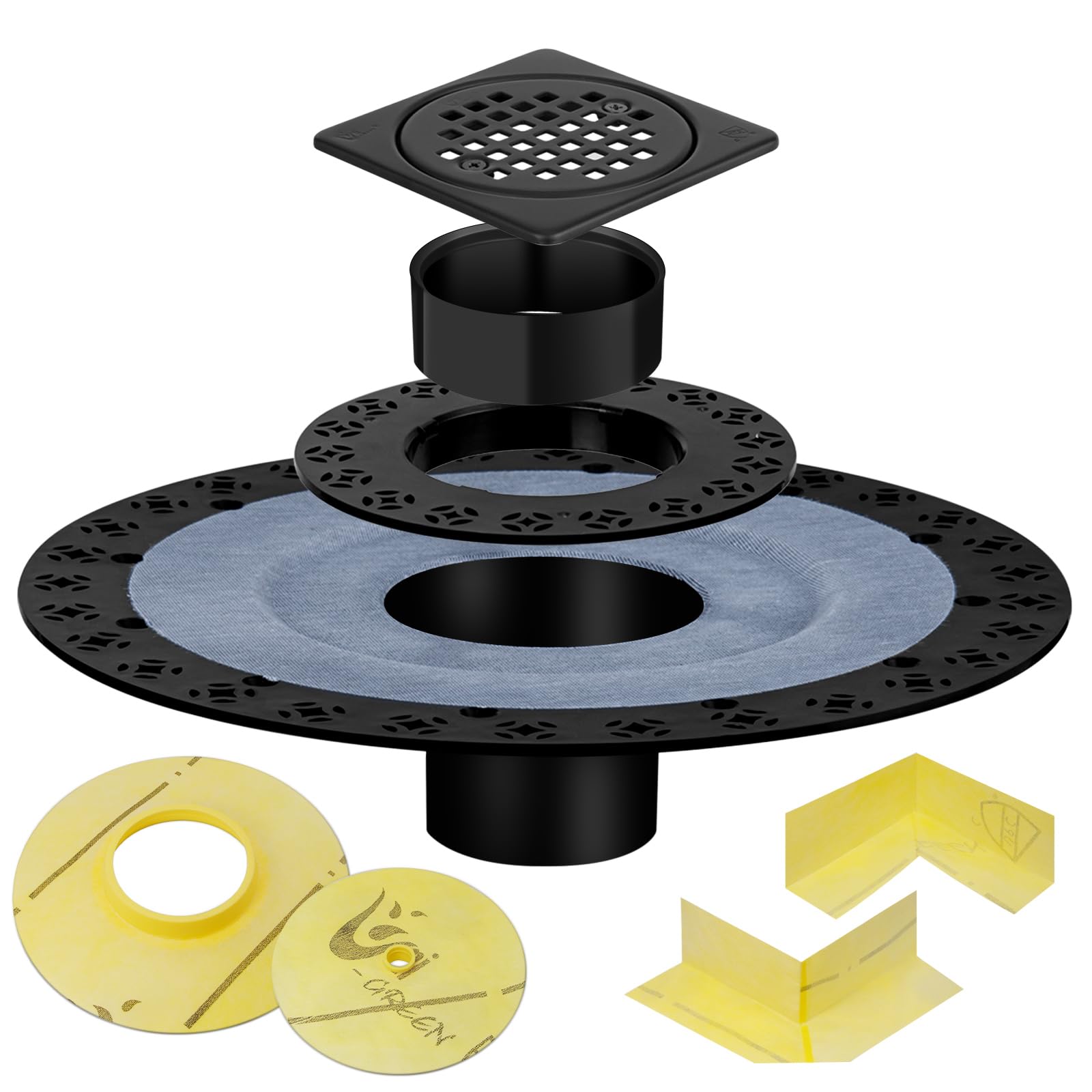 Shower Drain Flange Kit Compatible with Schluter Systems kerdi Shower Drain, with Vertical ABS 2 Inch Flange, ABS Plastic Pipe, Corners and Seals, CUPC Certification, Matte Black