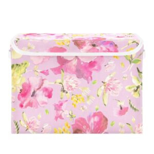 guiji petunias pink fabric storage bins with lids and handle，foldable storage bins with lids，closet organizers for clothes storage，room organization, office storage, chest organizer