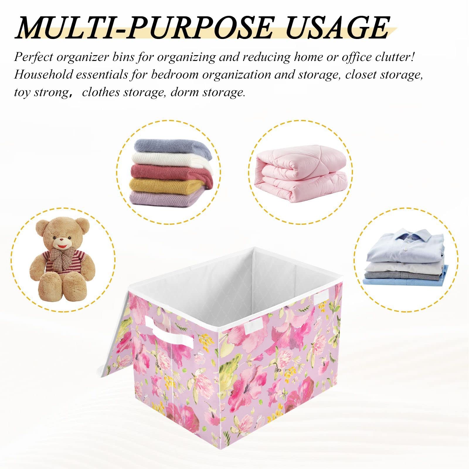 GUIJI Petunias Pink Fabric Storage Bins with Lids and Handle，Foldable Storage Bins with Lids，Closet Organizers for Clothes Storage，Room Organization, Office Storage, Chest Organizer