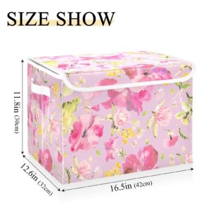 GUIJI Petunias Pink Fabric Storage Bins with Lids and Handle，Foldable Storage Bins with Lids，Closet Organizers for Clothes Storage，Room Organization, Office Storage, Chest Organizer