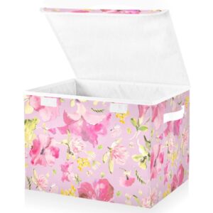 GUIJI Petunias Pink Fabric Storage Bins with Lids and Handle，Foldable Storage Bins with Lids，Closet Organizers for Clothes Storage，Room Organization, Office Storage, Chest Organizer