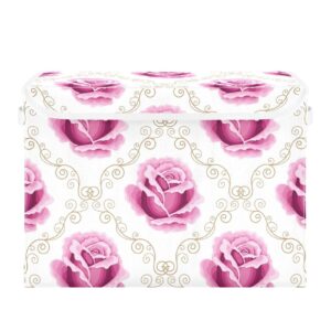 guiji decorative rose fabric storage bins with lids and handle，foldable storage bins with lids，closet organizers for clothes storage，room organization, office storage, chest organizer