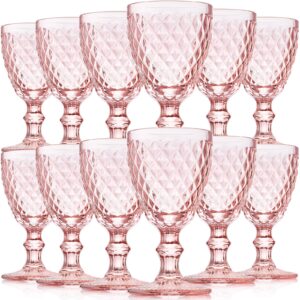 lallisa pink wine glass set of 12 vintage glassware goblets red wine glass 8 oz embossed drinking glass with stem high clear stemmed cups goblet for wedding party banquet feast bar, daily use