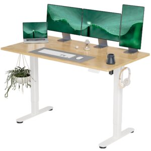 innovar solid wood electric standing desk, 55x24 inches adjustable height stand up desk with whole piece desktop, sit stand home office desk white frame/nature top