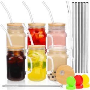 moretoes 16oz mason jar cups, glass cups with lids and straws, iced coffee cups with handle, drinking glass for smoothie, milk, juice set of 6