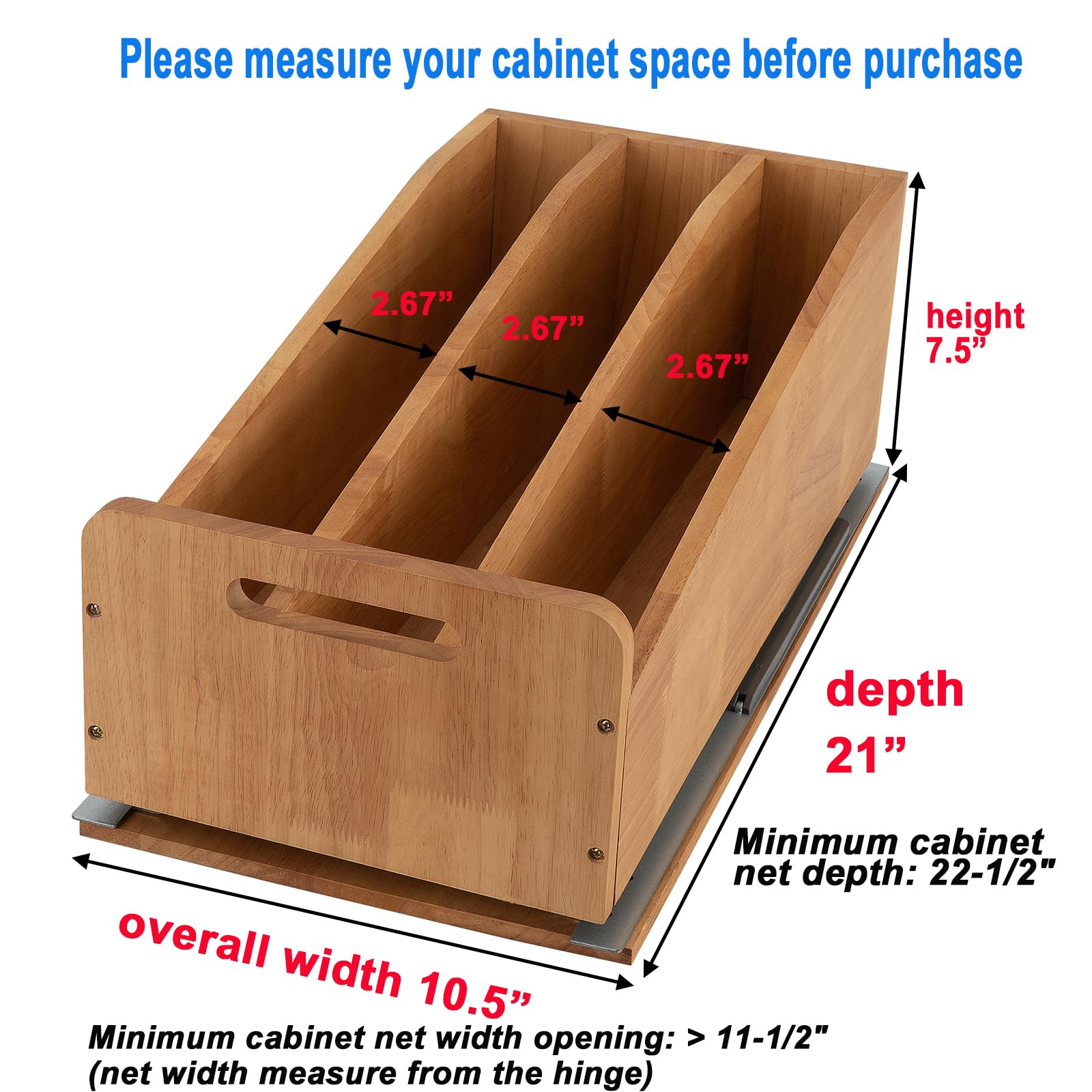 DINDON Pull Out Cabinet Organizer for Pans, Cookie Sheet, Bakeware, Cutting Board, Slide Out Kitchen Cabinet Storage Organizer Rack, 10.5''W X 21"D X 7.5"H, Wood