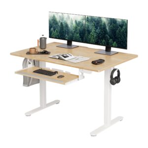 innovar electric standing desk, solid wood adjustable desk with keyboard tray, 48×24 inch stand up home office desk with whole-piece board, white frame/natural top