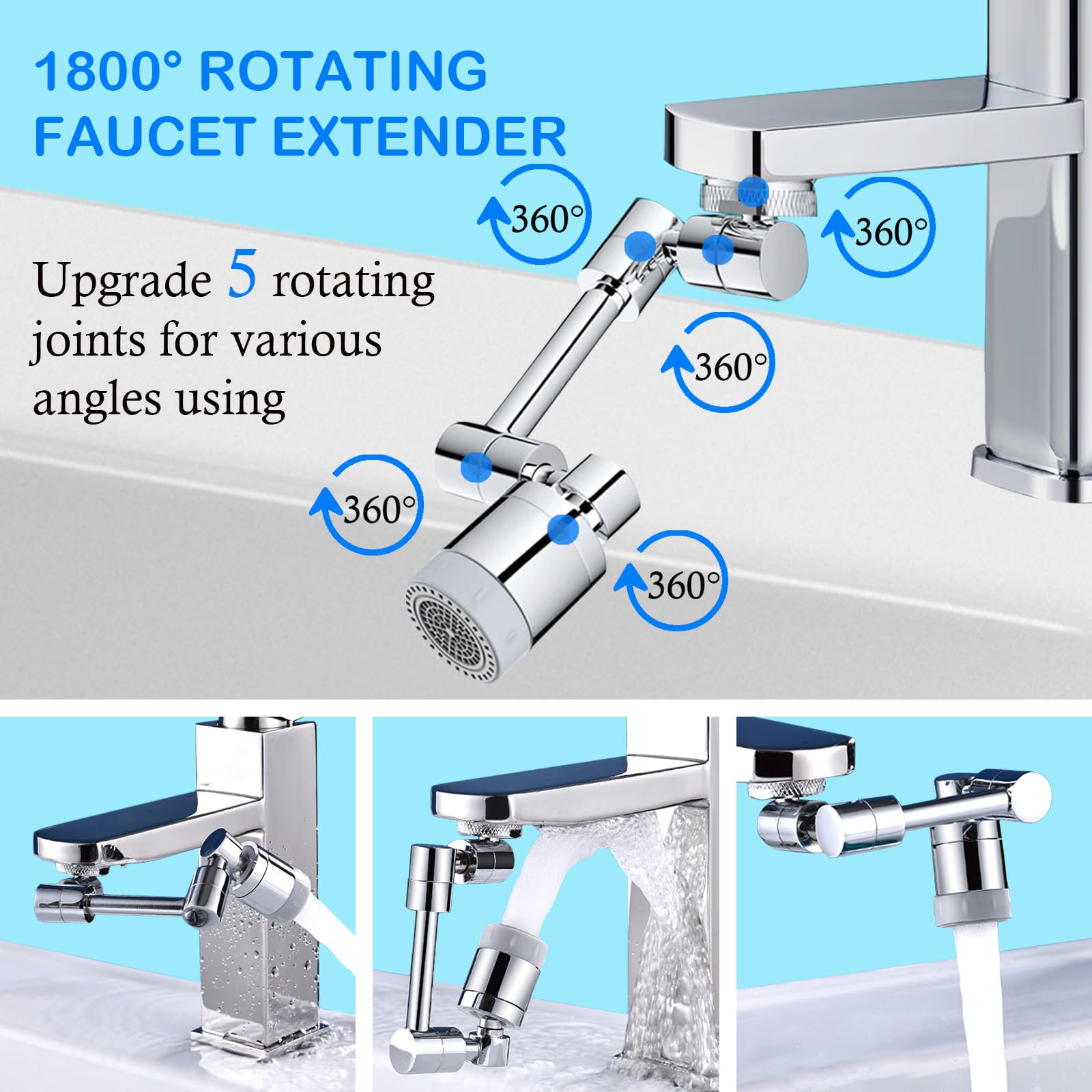 S USECRET 1800° Swivel Faucet Extender for Bathroom Sink Water Aerator - 2 Mode Splash Filter Extension, 360° Angle Rotatable Spray Attachment, Multifunctional Robotic Arm-Washing Eye/Hair/Face