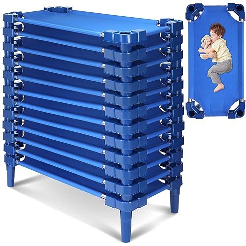 Leinuosen Stackable Daycare Cots for Kids, 47" L x 22" W Portable Toddler Nap Cot for Sleeping, Portable Bed for Preschool Classroom Furniture Ready to Assemble for Sleep (Blue, 12 Pcs)