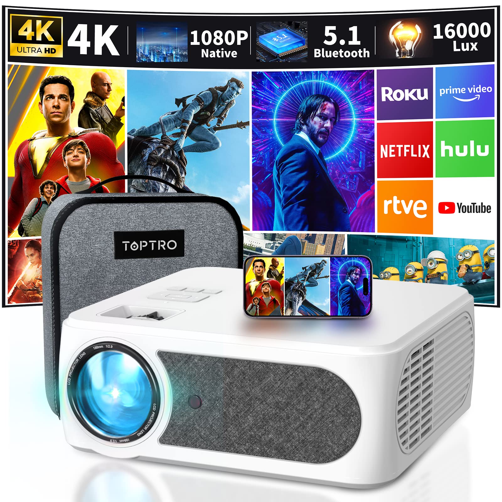 4K Projector with WiFi and Bluetooth, TOPTRO 2023 Upgraded X3 Native 1080P Projector 4K Support, 16000 Lumen, 4P/4D Keystone, 300" Display, 50% Zoom, Outdoor Projector for iOS/Android/ TV Stick/PS5