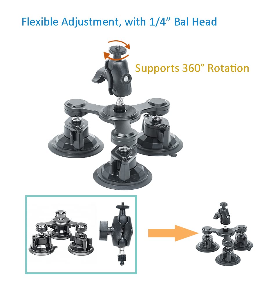 Fotoleey Heavy Duty Outside 4 Suction Cups 360 Camera Car Mount Kit for Insta360 X3/X2/One RS Compatible with GoPro Max, Hero 12/11/10/9/8 More Stable, Adjustable (Stick is not Included)