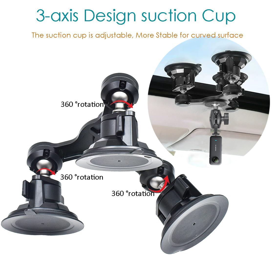 Fotoleey Heavy Duty Outside 4 Suction Cups 360 Camera Car Mount Kit for Insta360 X3/X2/One RS Compatible with GoPro Max, Hero 12/11/10/9/8 More Stable, Adjustable (Stick is not Included)