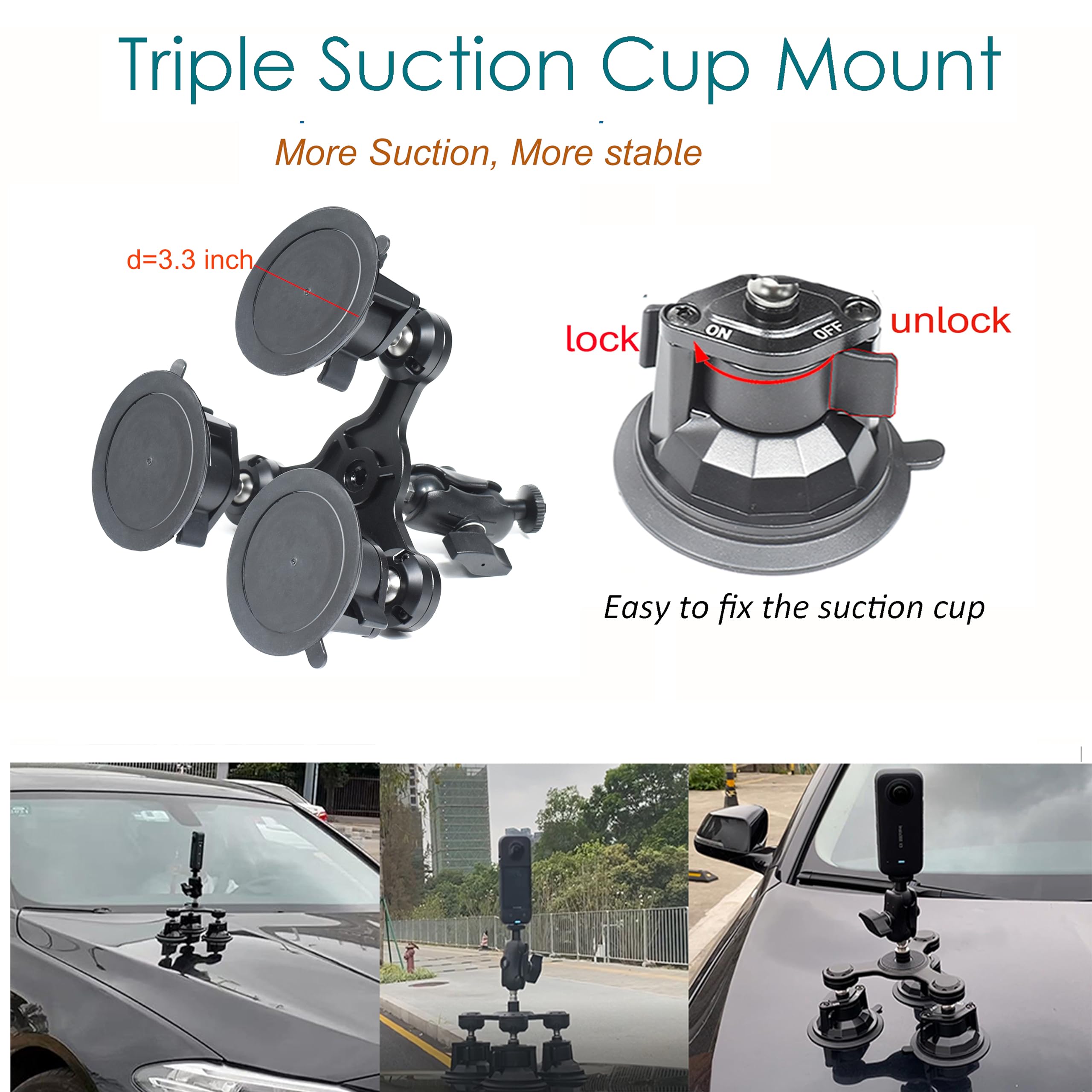 Fotoleey Heavy Duty Outside 4 Suction Cups 360 Camera Car Mount Kit for Insta360 X3/X2/One RS Compatible with GoPro Max, Hero 12/11/10/9/8 More Stable, Adjustable (Stick is not Included)