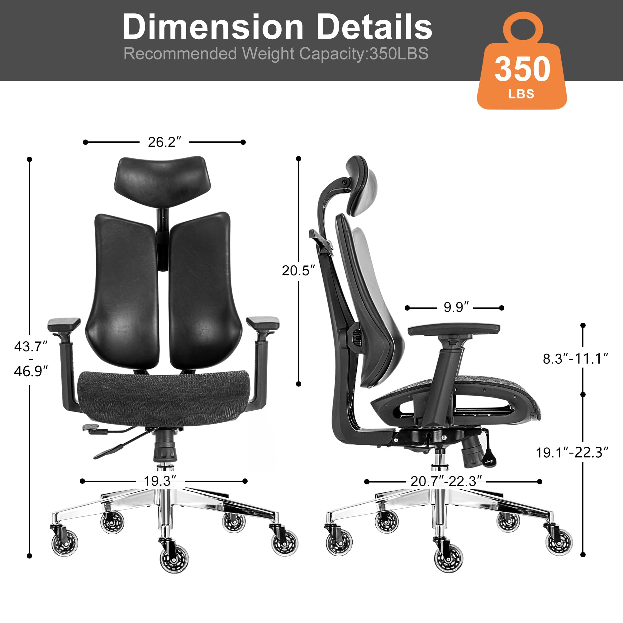 BV Ergonomic Dual Backrests Office Chair, Lumbar Support Office Desk Chair Back Support, Breathable mesh Office Chair 3D Adjustable Armrest(5008 Black)