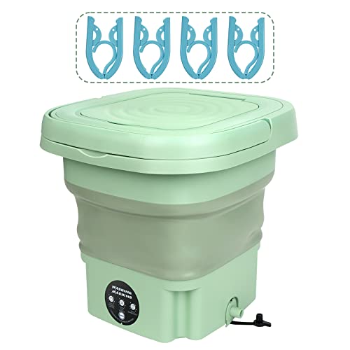 Portable Washing Machine,8L Mini Folding Bucket Washer with Drainage Pipe & 4 Clothes Clips for Socks Underwear Baby Clothes,Suitable for Apartment Camping RV Travel laundry (110V-240V) (Green)