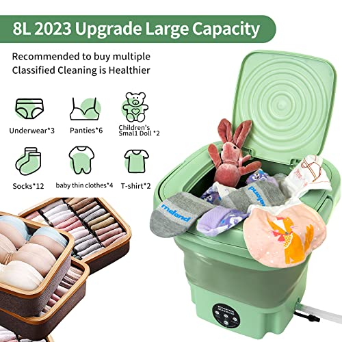 Portable Washing Machine,8L Mini Folding Bucket Washer with Drainage Pipe & 4 Clothes Clips for Socks Underwear Baby Clothes,Suitable for Apartment Camping RV Travel laundry (110V-240V) (Green)