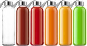 qcen 18oz clear glass bottle for juicing, reusable glass water bottles for juicer machine, with stainless steel leak-proof lids, wide mouth liquid storage containers, bpa free, set of 6