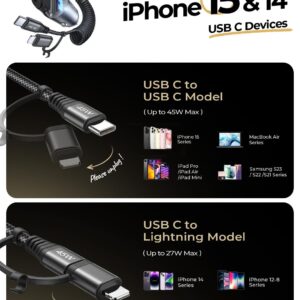 LISEN 90W iPhone 15 Car Charger, 45WPD+QC3.0 Fast Charging Cigarette Lighter USB Charger with 2-IN-1 Type C/Lightning Coiled Cable 5FT, Certified USB C Car Charger for iPhone 15 Pro Max 14/Samsung S23