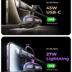 LISEN 90W iPhone 15 Car Charger, 45WPD+QC3.0 Fast Charging Cigarette Lighter USB Charger with 2-IN-1 Type C/Lightning Coiled Cable 5FT, Certified USB C Car Charger for iPhone 15 Pro Max 14/Samsung S23