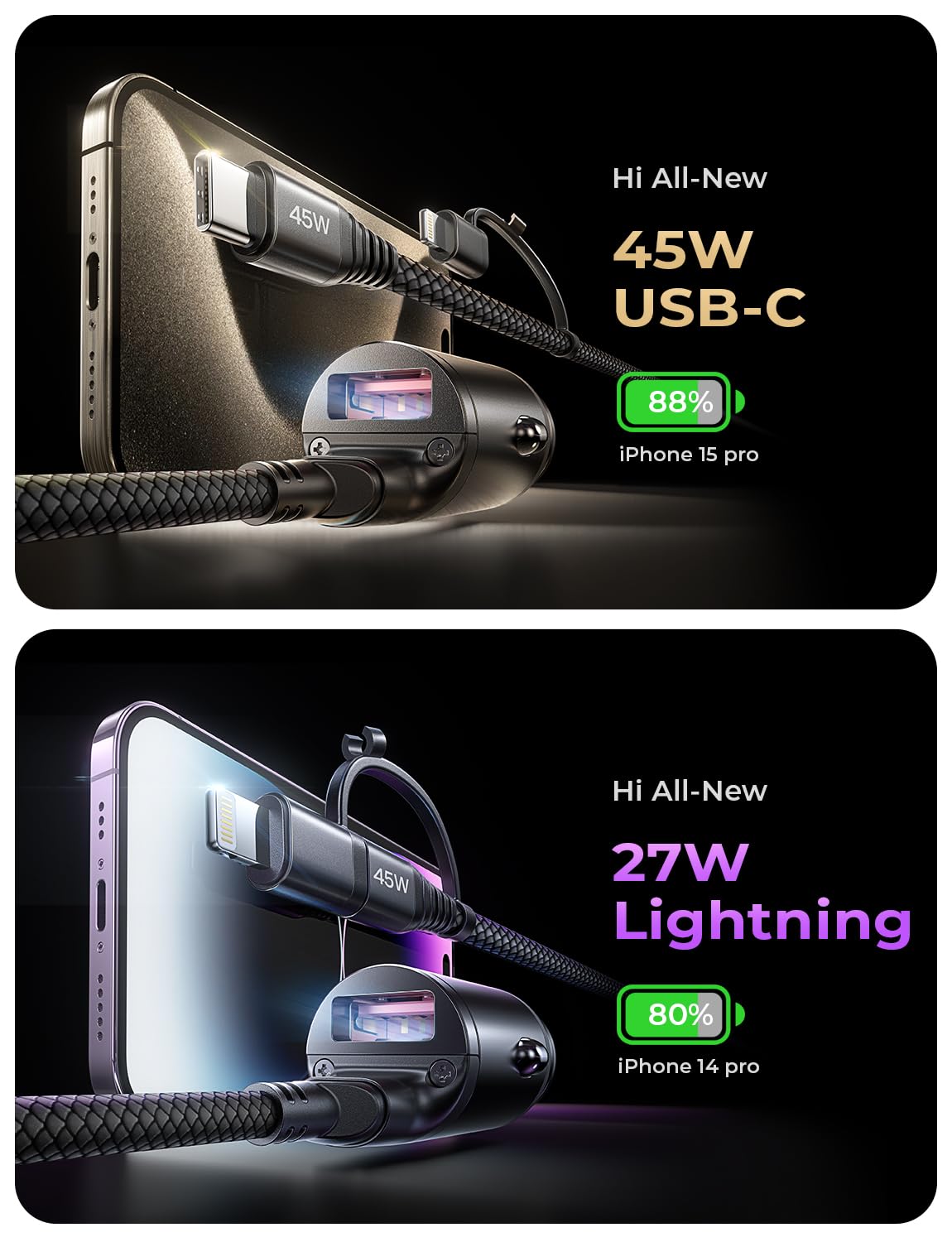 LISEN 90W iPhone 15 Car Charger, 45WPD+QC3.0 Fast Charging Cigarette Lighter USB Charger with 2-IN-1 Type C/Lightning Coiled Cable 5FT, Certified USB C Car Charger for iPhone 15 Pro Max 14/Samsung S23