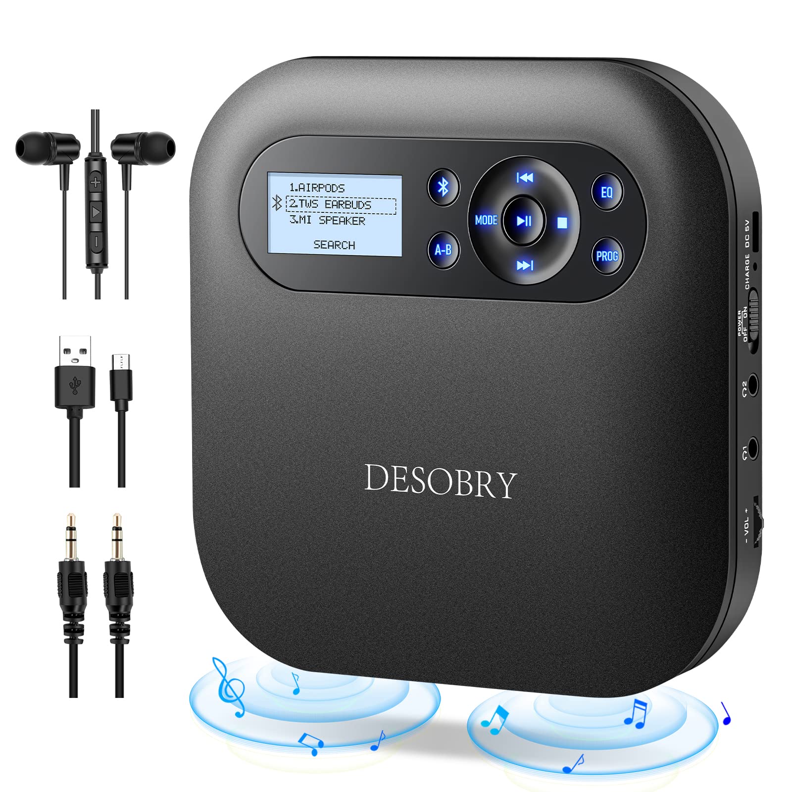 Desobry CD Player Portable, Bluetooth CD Player with Speakers, Portable CD Players for Home, Rechargeable Walkman CD Player for car with LCD Screen Anti-Skip Small CD Player with Dual Headphone Jacks