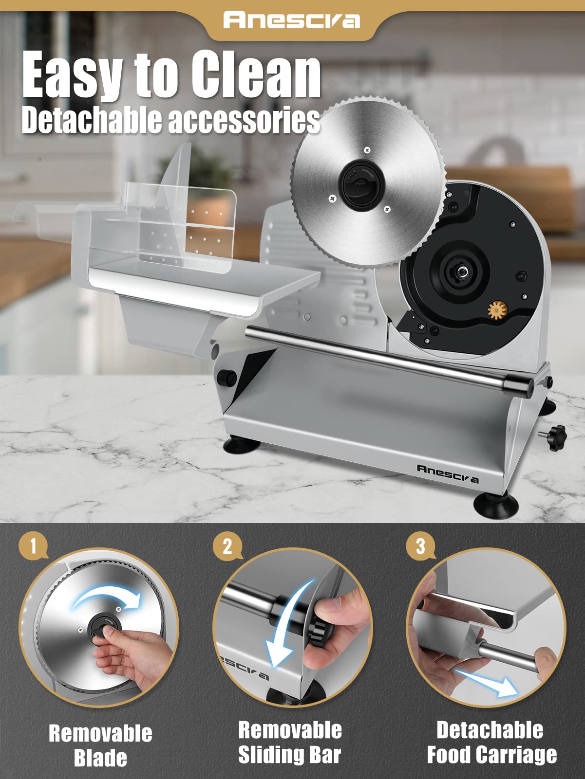 Meat Slicer, Anescra 200W Electric Deli Food Slicer with Removable 7.5’’ Stainless Steel Blade and Food Carriage, 0-15mm Adjustable Thickness Meat Slicer for Home, Food Slicer Machine