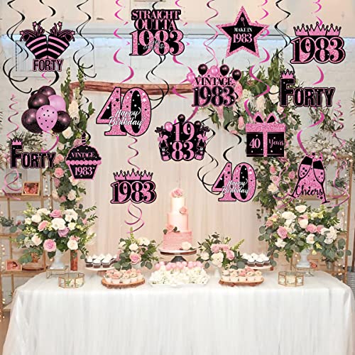 40th Birthday Decorations Women, 45pcs Happy 40 Birthday Party Supplies, 1983 40th Birthday Hanging Swirls for Her, Pink Dangling Spinners Foli Decor, Forty Years Old Bday Ceiling Party Favors