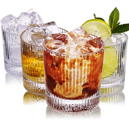 Huge Estate Premium Old Fashioned Cocktail Glasses 10 OZ with Luxury Box for Whiskey, Gin, Bourbon, and Mixed Drinks, 4 Pc. Set, Ribbed Glassware for Home Bars or Kitchens, Modern Glass Cups