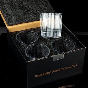 Huge Estate Premium Old Fashioned Cocktail Glasses 10 OZ with Luxury Box for Whiskey, Gin, Bourbon, and Mixed Drinks, 4 Pc. Set, Ribbed Glassware for Home Bars or Kitchens, Modern Glass Cups