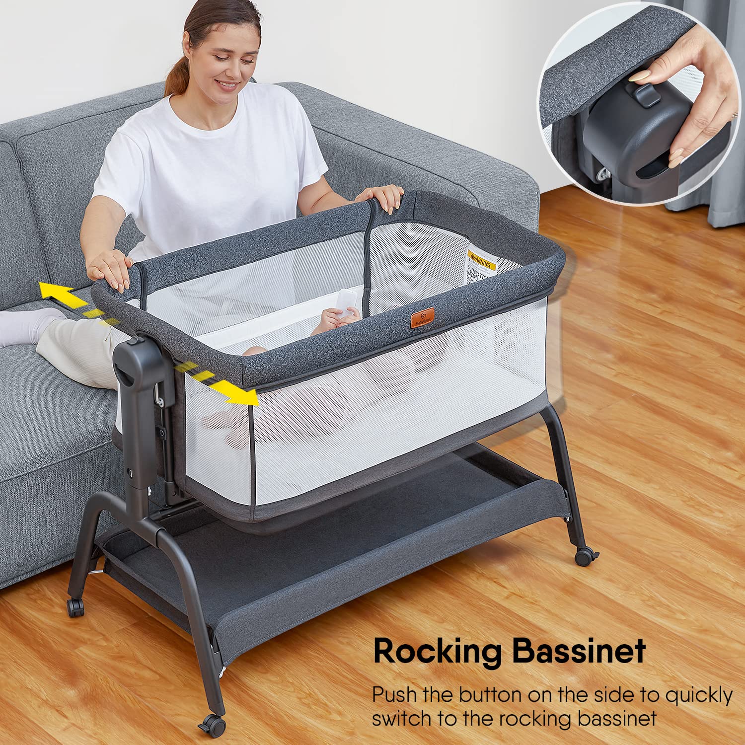 BabyBond Baby Bassinet, 3 in 1 Infant & Toddler Cradle with Soft Waterproof Mattress and Skin-Friendly & Breathable Sheet, 6 Height Adjustable, Easy to Assemble Bedside Crib Sleeper, Black+grey (Y08)