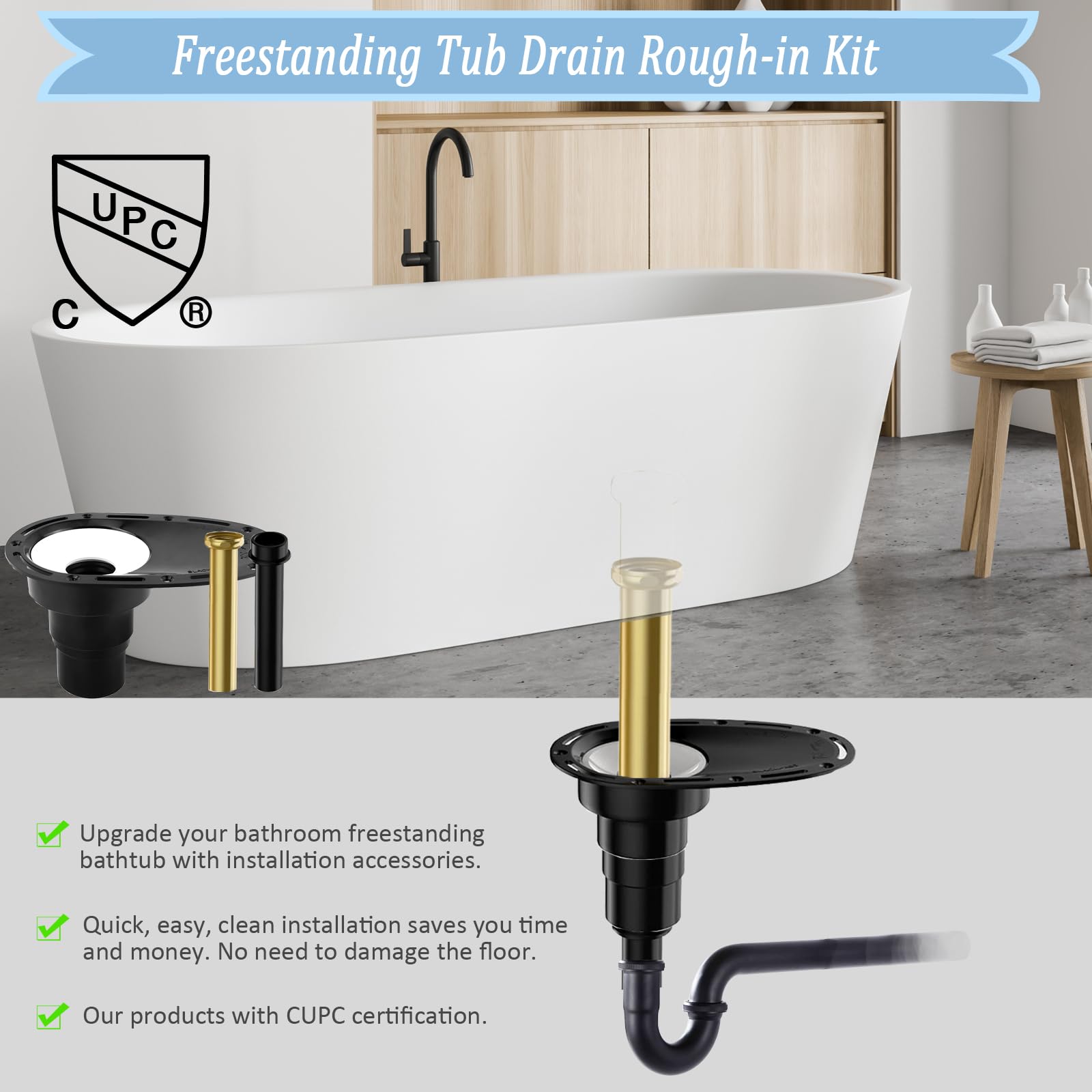 Upgrade Freestanding Tub Drain Rough-in Kit,Free Standing Tub Drain,Island Tub Drain Kit,with CUPC Certification Include Brass and ABS Pipe,Clean Tub Drain No Leaks.Have (Patent No US11168467B2).