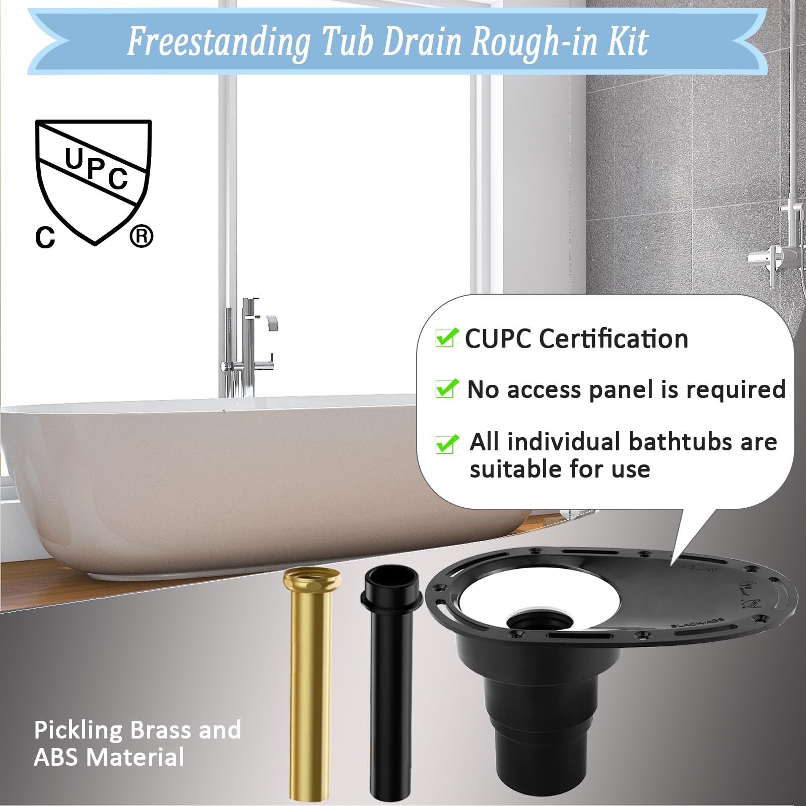 Upgrade Freestanding Tub Drain Rough-in Kit,Free Standing Tub Drain,Island Tub Drain Kit,with CUPC Certification Include Brass and ABS Pipe,Clean Tub Drain No Leaks.Have (Patent No US11168467B2).