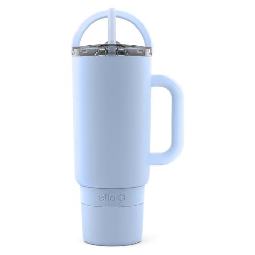 Ello Port 40oz Tumbler with Carry Loop & Integrated Handle, Vacuum Insulated Stainless Steel Reusable Water Bottle, Travel Mug with Leak Proof Lid & Straw for Iced Coffee & Tea, Halogen Blue