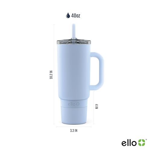 Ello Port 40oz Tumbler with Carry Loop & Integrated Handle, Vacuum Insulated Stainless Steel Reusable Water Bottle, Travel Mug with Leak Proof Lid & Straw for Iced Coffee & Tea, Halogen Blue