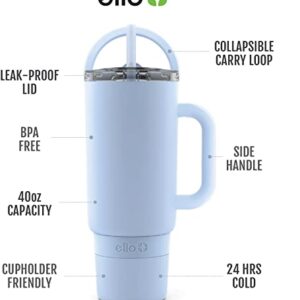 Ello Port 40oz Tumbler with Carry Loop & Integrated Handle, Vacuum Insulated Stainless Steel Reusable Water Bottle, Travel Mug with Leak Proof Lid & Straw for Iced Coffee & Tea, Halogen Blue